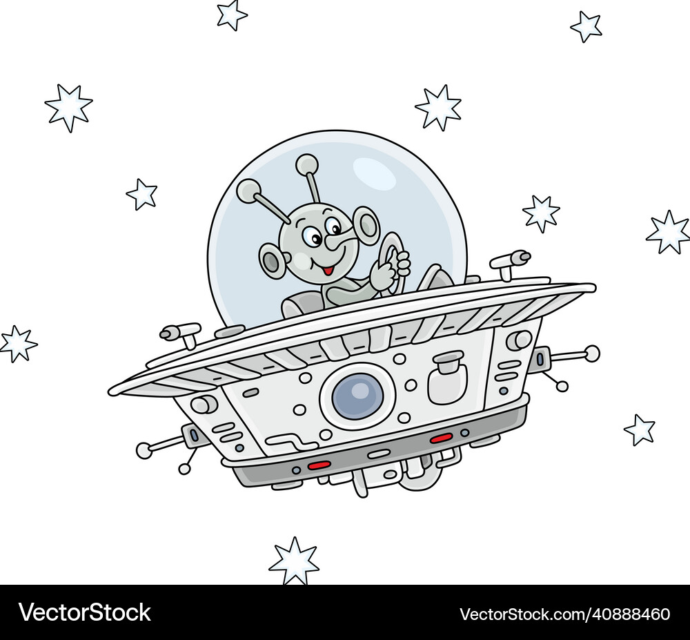 Funny alien piloting a flying saucer Royalty Free Vector