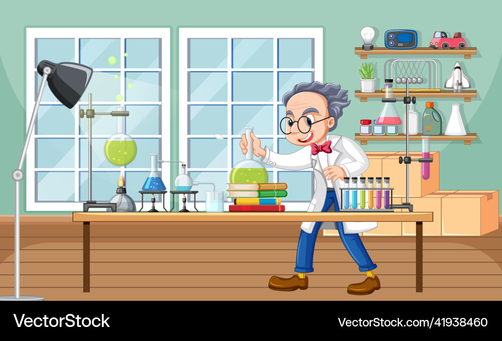 Laboratory scene with scientist cartoon character Vector Image