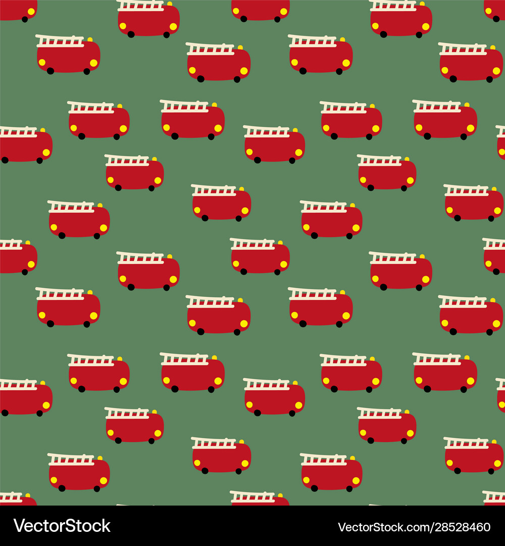 Pattern with little red toy fire engines on green Vector Image