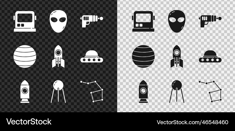 Set astronaut helmet alien ray gun rocket ship Vector Image