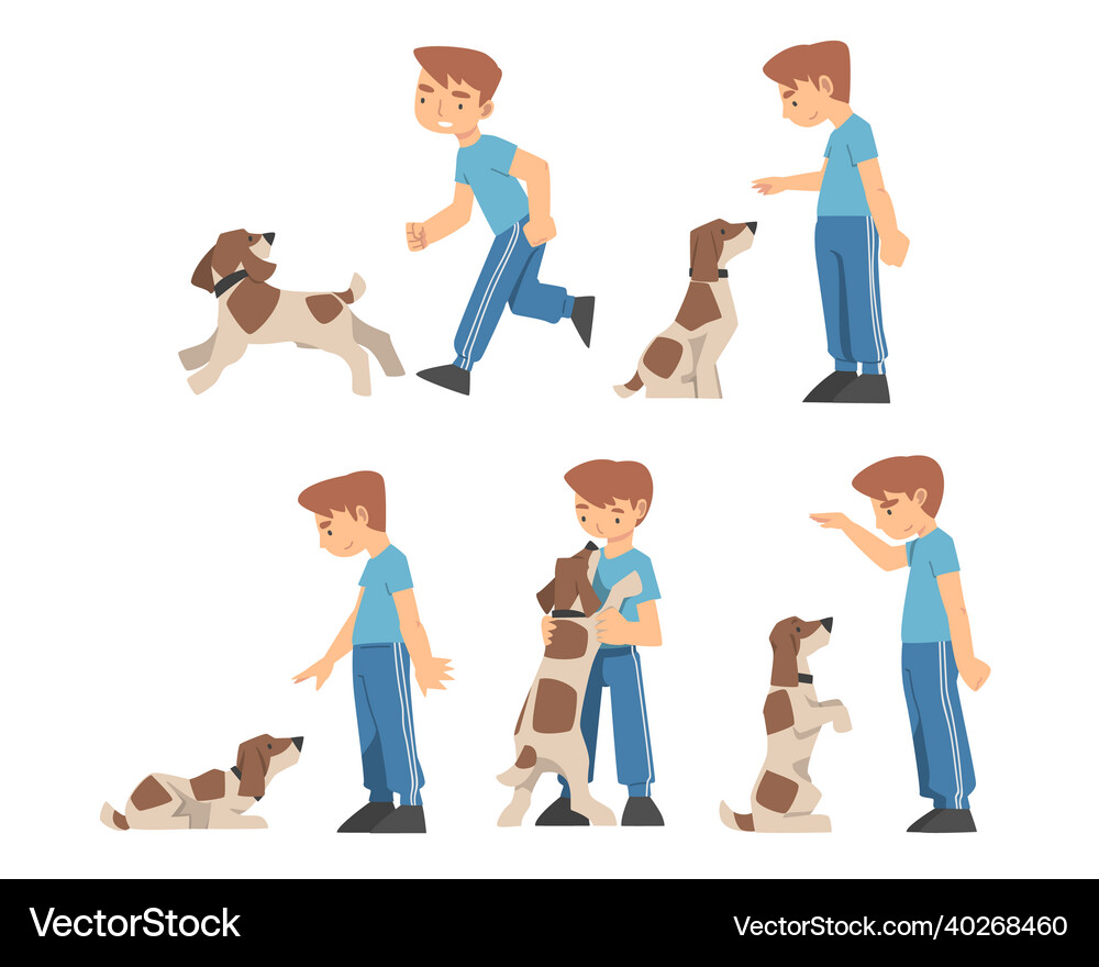 Young boy training his dog teaching him sitting Vector Image
