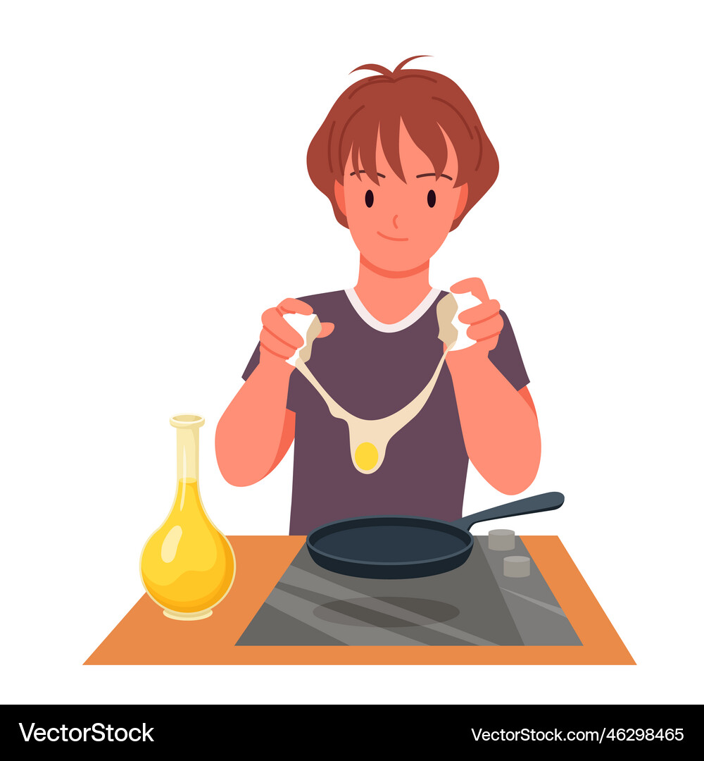 Boy cooking breakfast at home kitchen cute child Vector Image