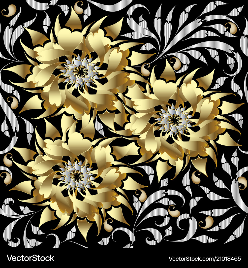 Gold 3d flowers seamless pattern floral Royalty Free Vector