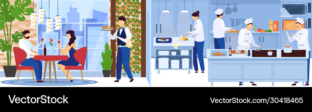 Restaurant chef team cooking in kitchen waiter Vector Image