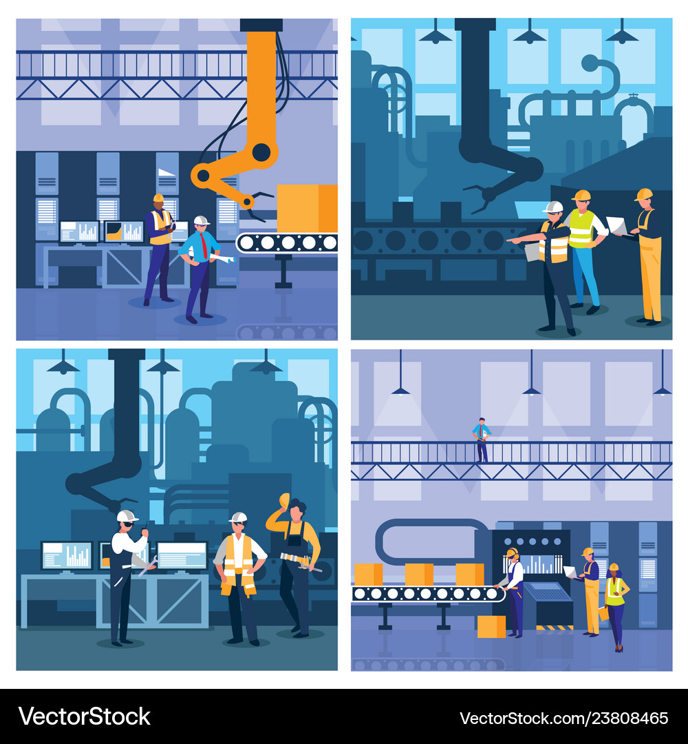 Team work people in factory scene Royalty Free Vector Image
