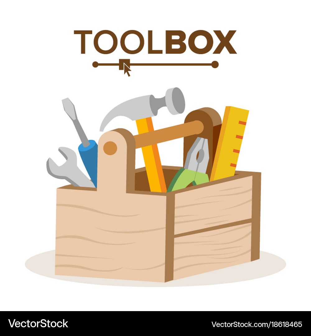 Wooden classic toolbox full equipment Royalty Free Vector