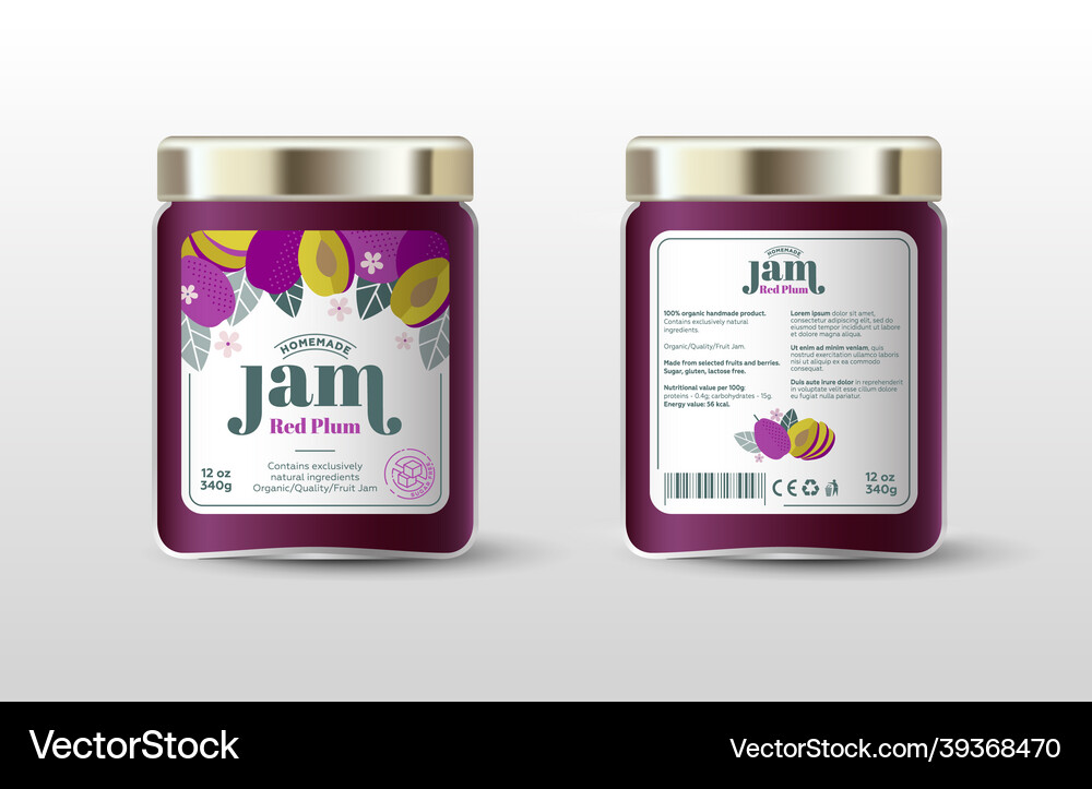 Plum red jam label jar packaging sugar free Vector Image