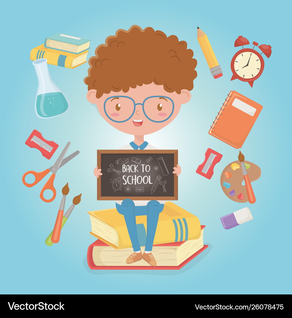 Little student boy with chalkboard and school Vector Image
