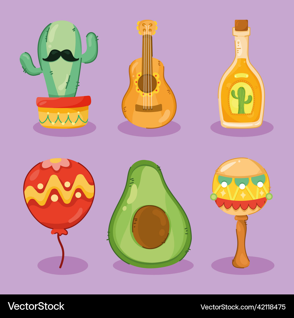 Six mexican celebration icons Royalty Free Vector Image