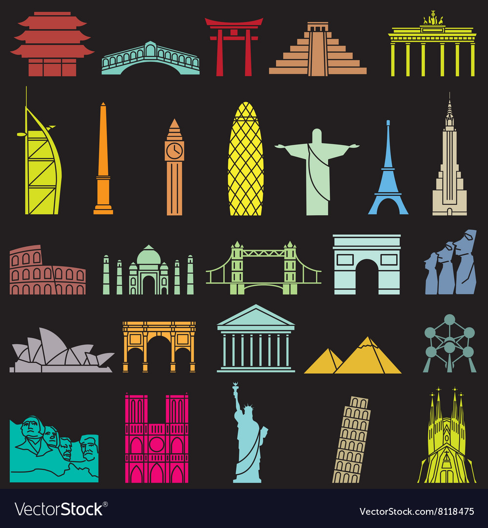 World famous monuments icon set Royalty Free Vector Image World famous monuments icon set Royalty Free Vector Image