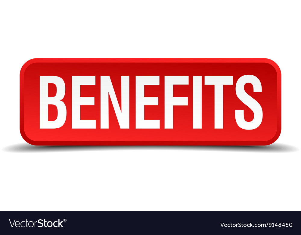 Benefits red three-dimensional square button Vector Image