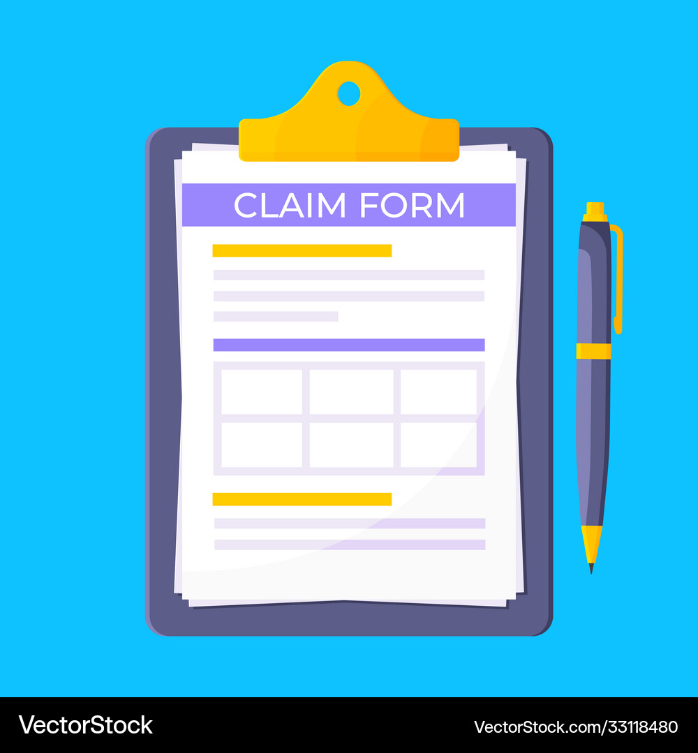 Clipboard with claim form on it paper sheets pen Vector Image