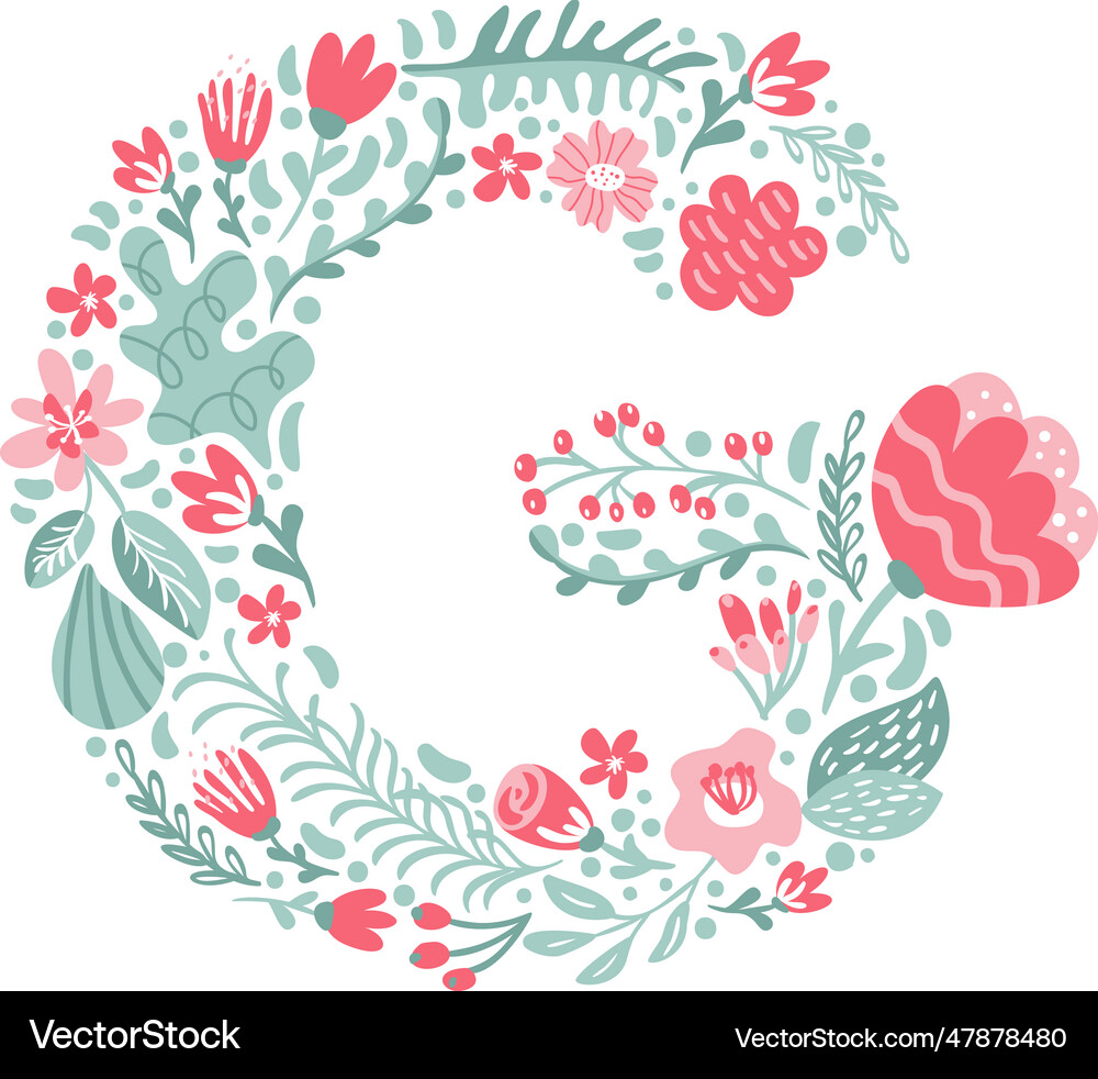 Hand drawn font letter g with flowers Royalty Free Vector