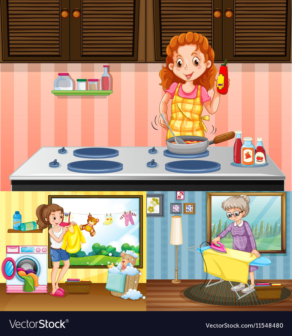 Women doing different chores in house Royalty Free Vector Women doing different chores in house Royalty Free Vector