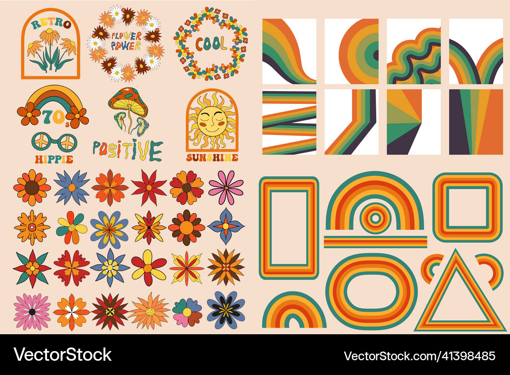 Big retro 70s set with flowers rainbow posters Vector Image