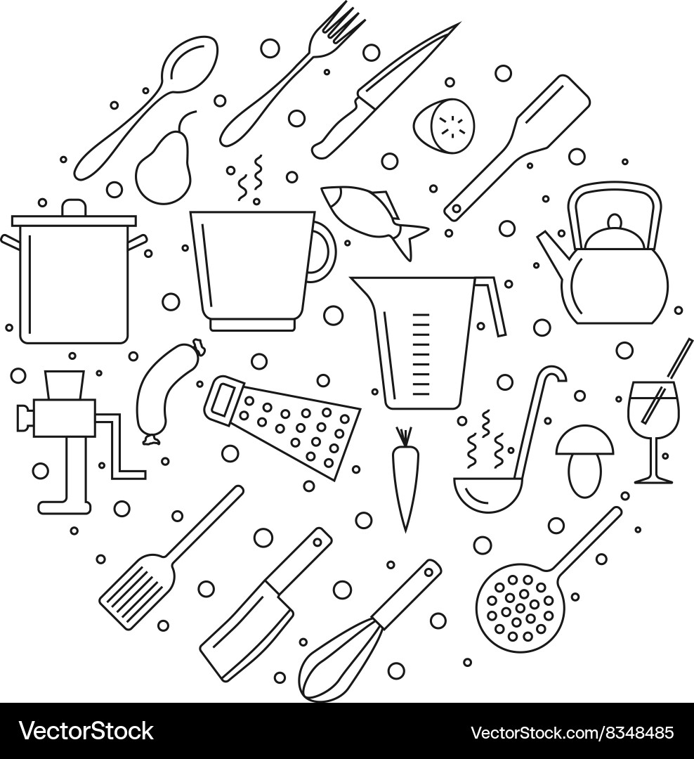 Cooking and kitchen outline icons in circle Vector Image