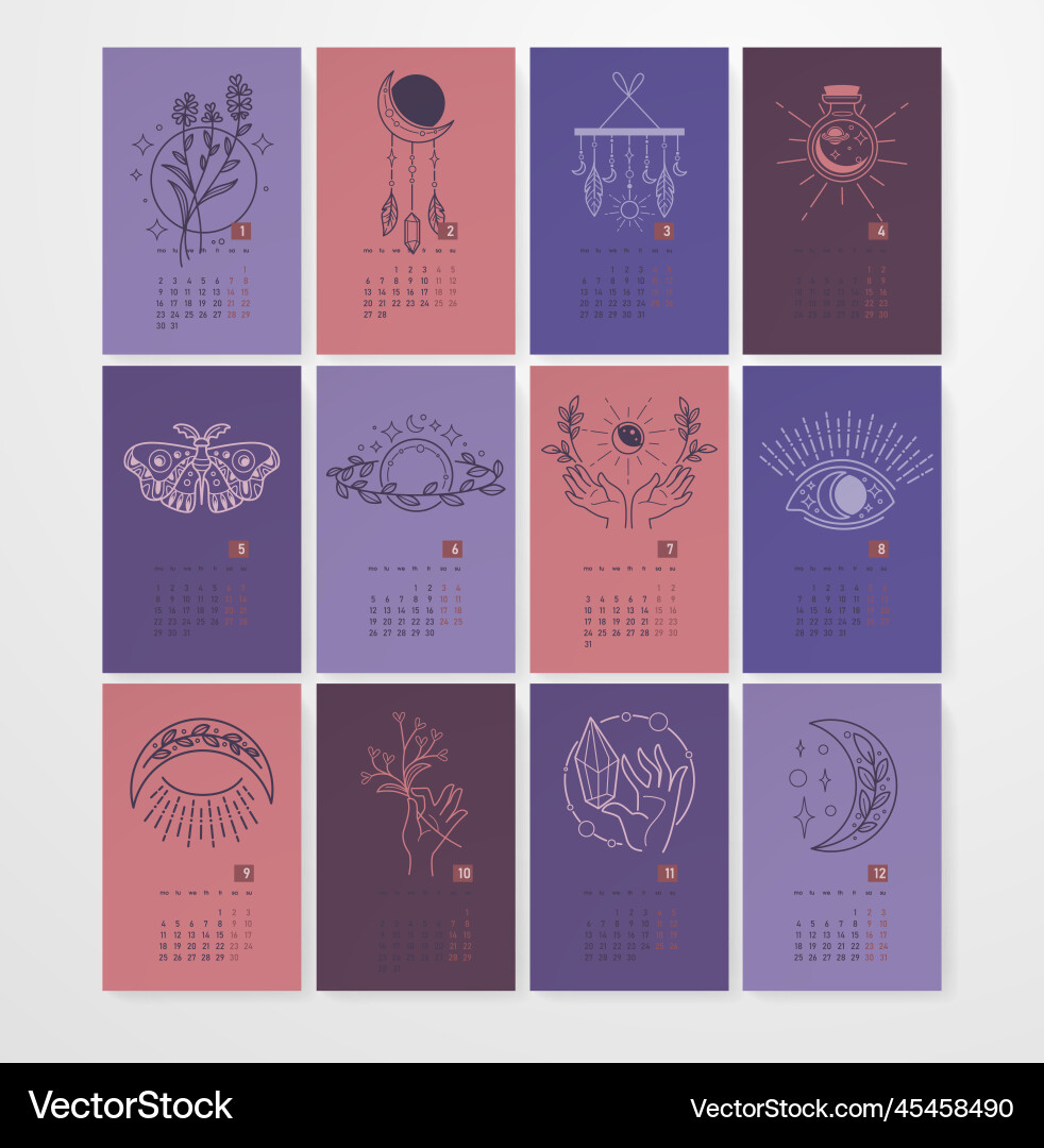 Magic and mystical drawings calendar with date Vector Image