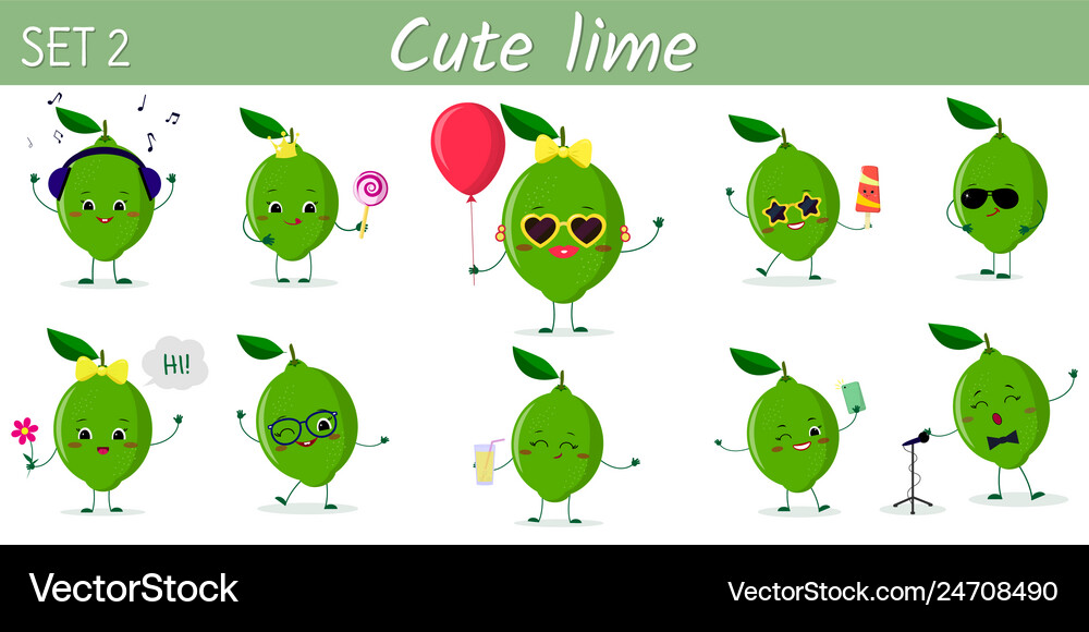 Set ten cute kawaii lime characters in various Vector Image