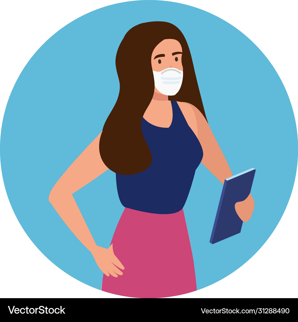 Woman using face mask talking in smartphone Vector Image