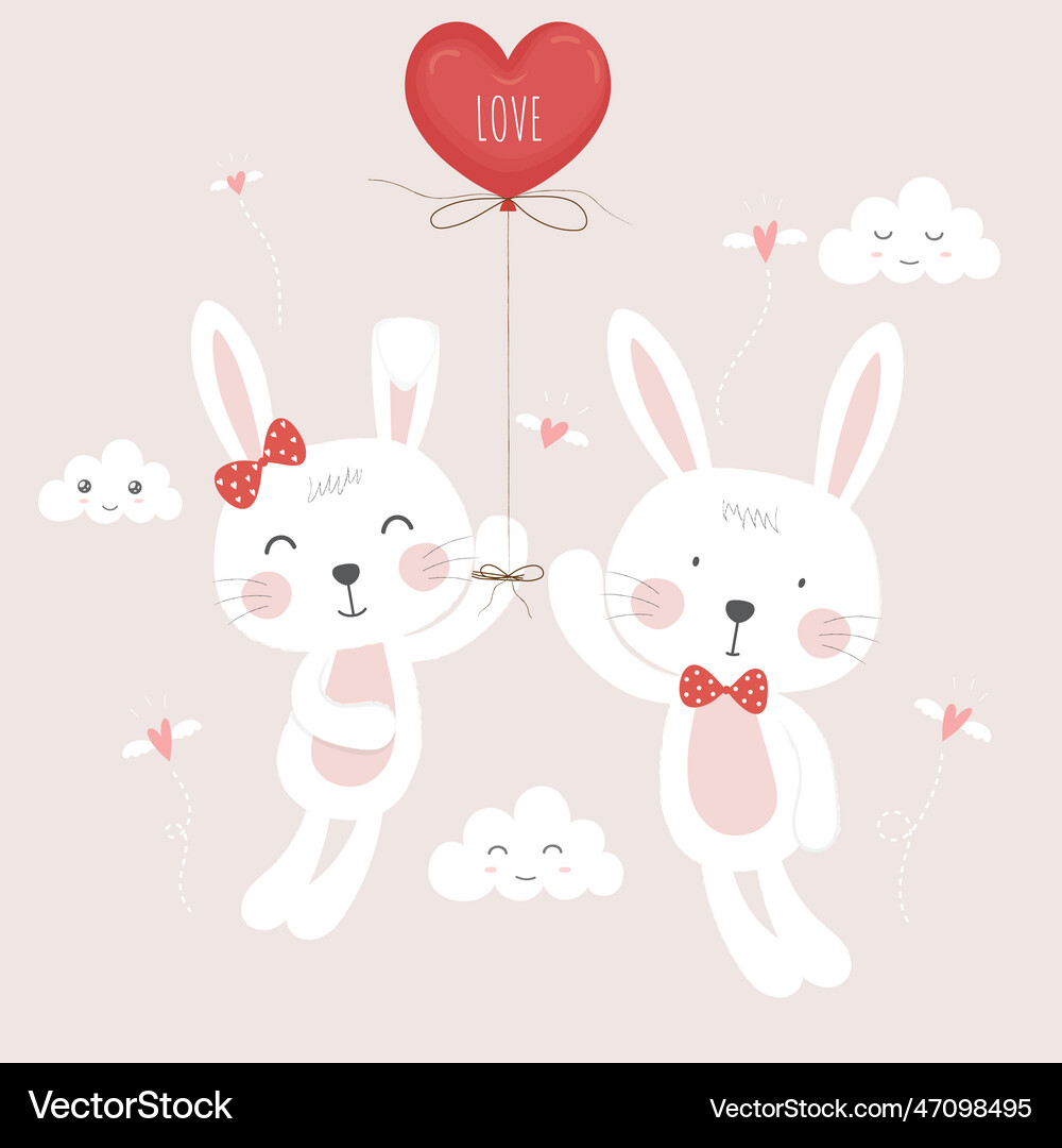 Cute in loved rabbits with balloon Royalty Free Vector Image