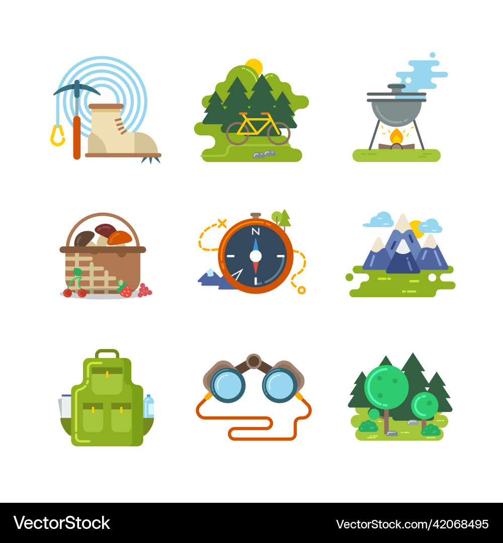 Flat camping outdoor icons Royalty Free Vector Image