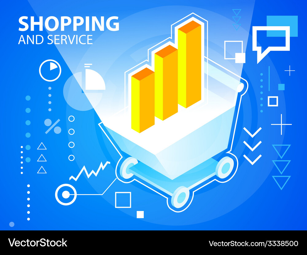 Bright shopping trolley and bar chart on blu Vector Image