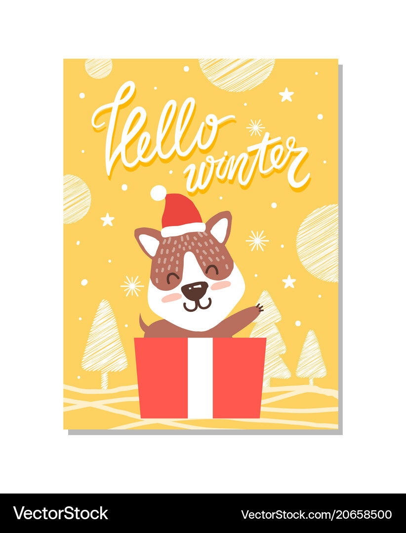 Hello winter cute puppy Royalty Free Vector Image