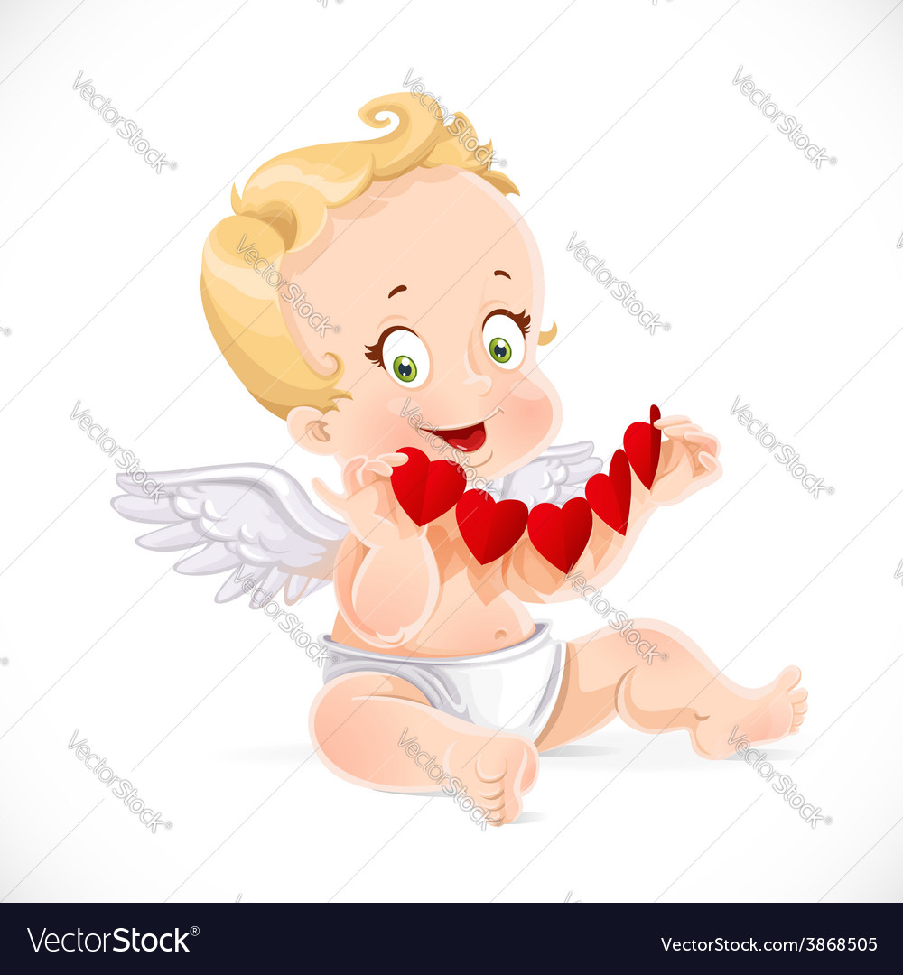 Cute little cupid sitting on the floor and holding
