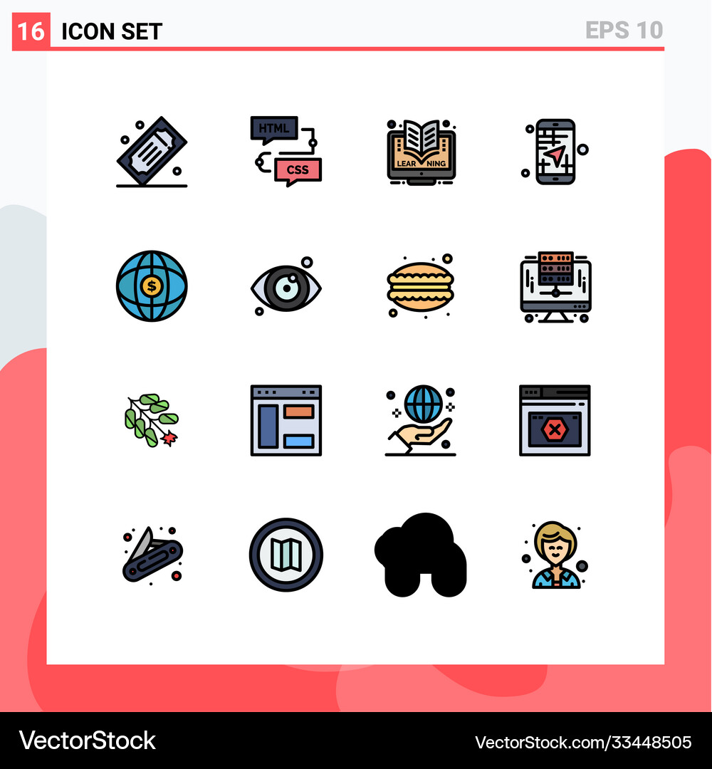 Modern set 16 flat color filled lines and Vector Image