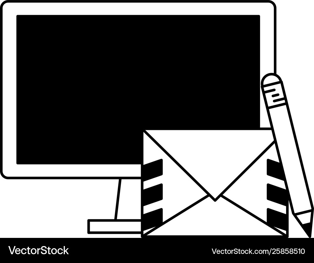 Computer and envelope with pencil symbols in black