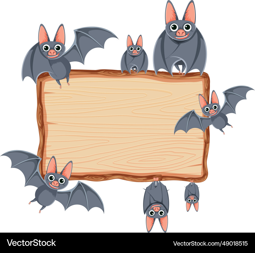 Bats flying and standing on wooden board frame Vector Image