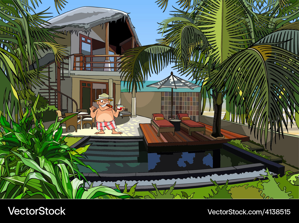Cartoon man in a villa with pool Royalty Free Vector Image