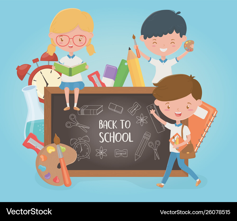Little students group with chalkboard and school Vector Image