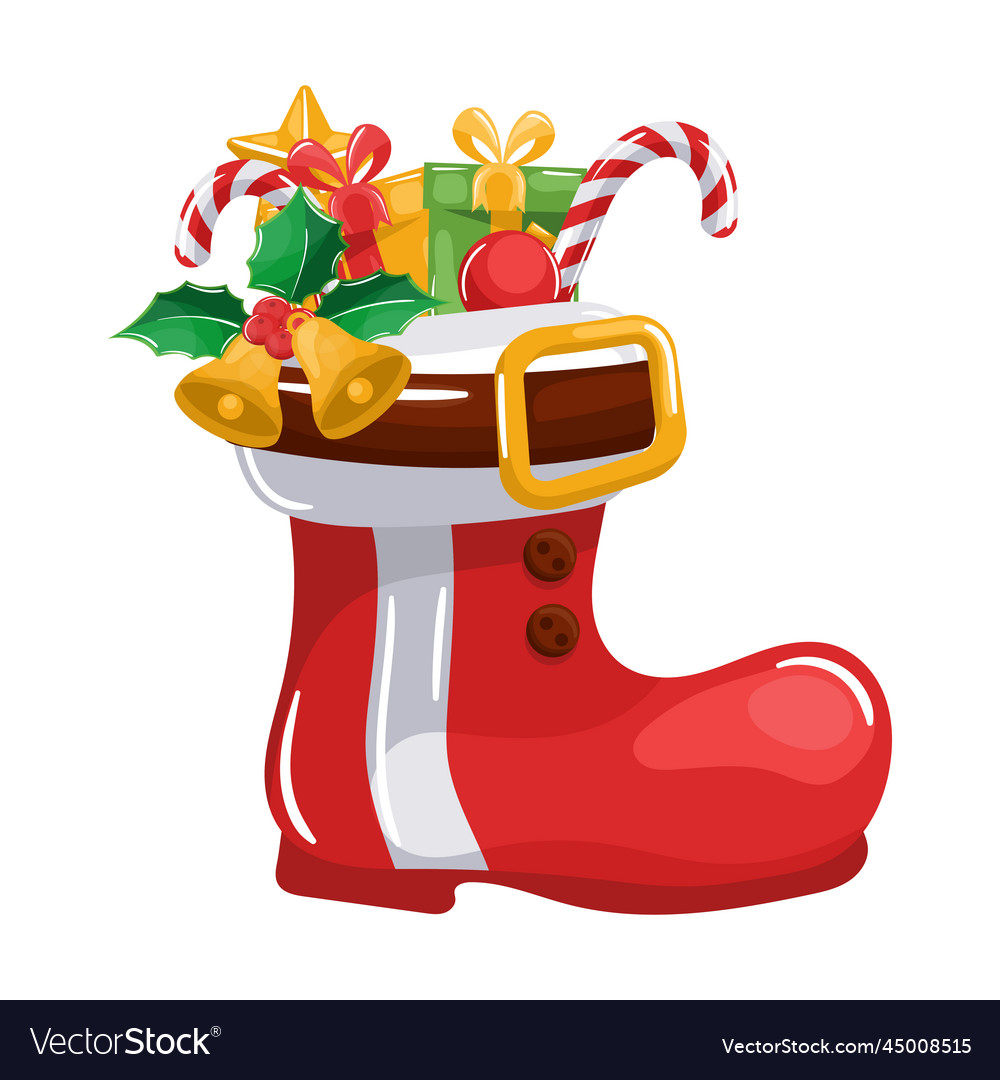 Santa claus boot with christmas decorations bells Vector Image
