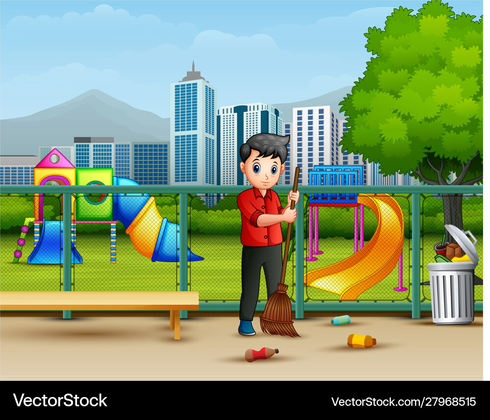 Volunteer sweeping garbage scattered in park Vector Image