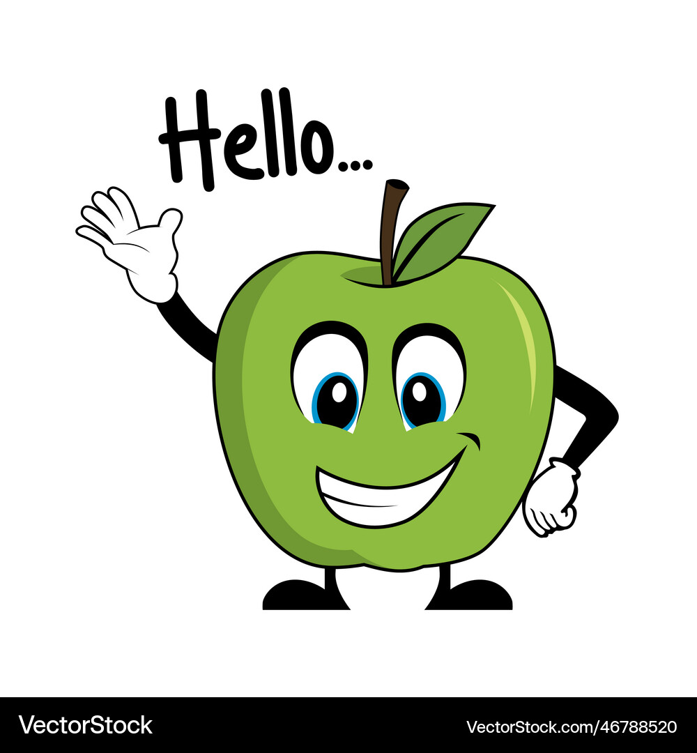 Green apple cartoon character saying hello Vector Image