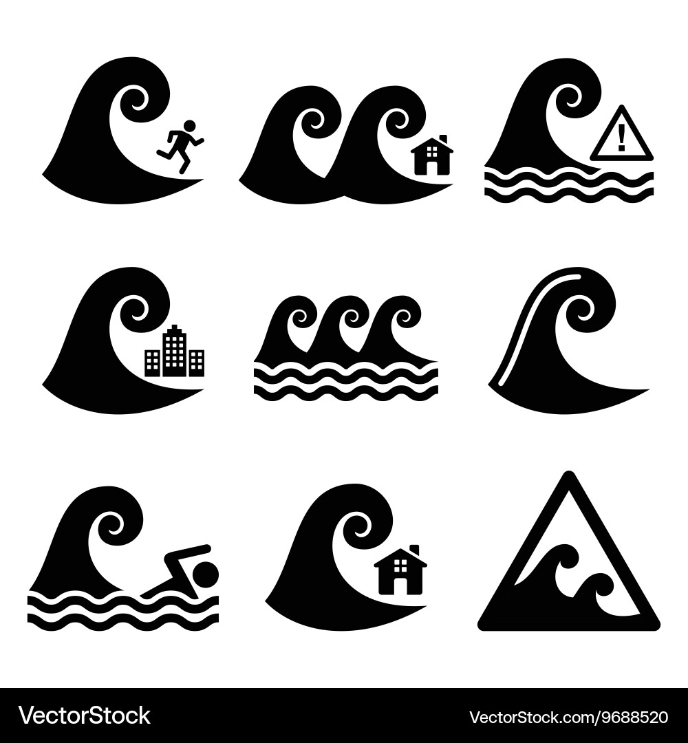 Tsunami big wave warning neutral disaster icons Vector Image