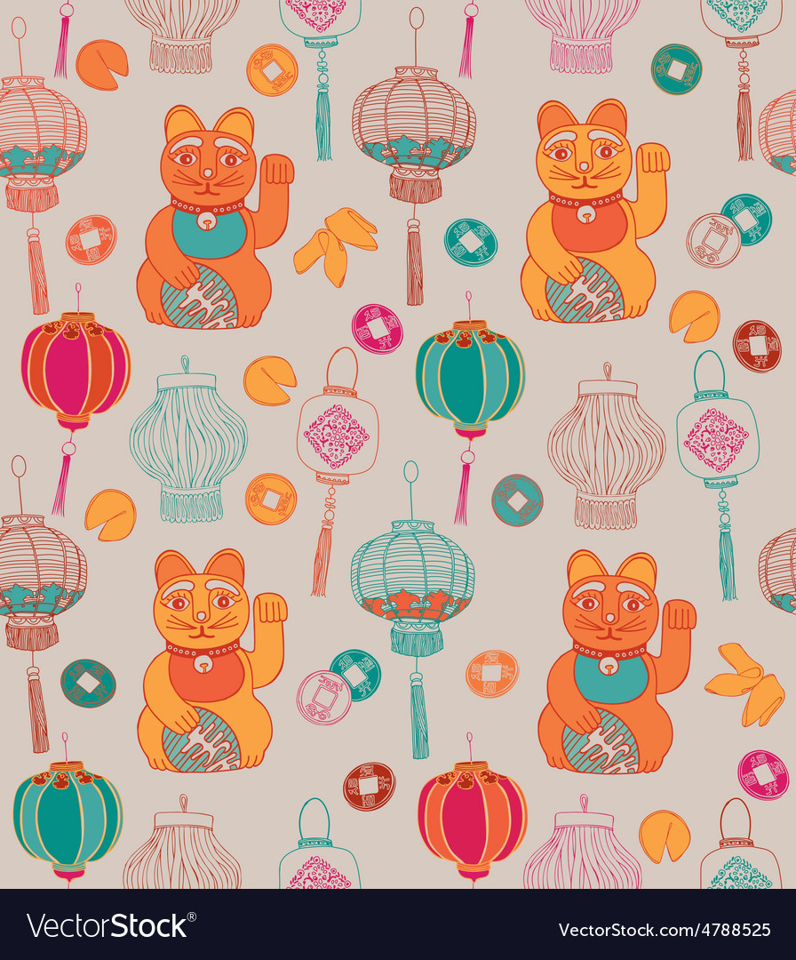 Chinese lanterns lucky cat Royalty Free Vector Image