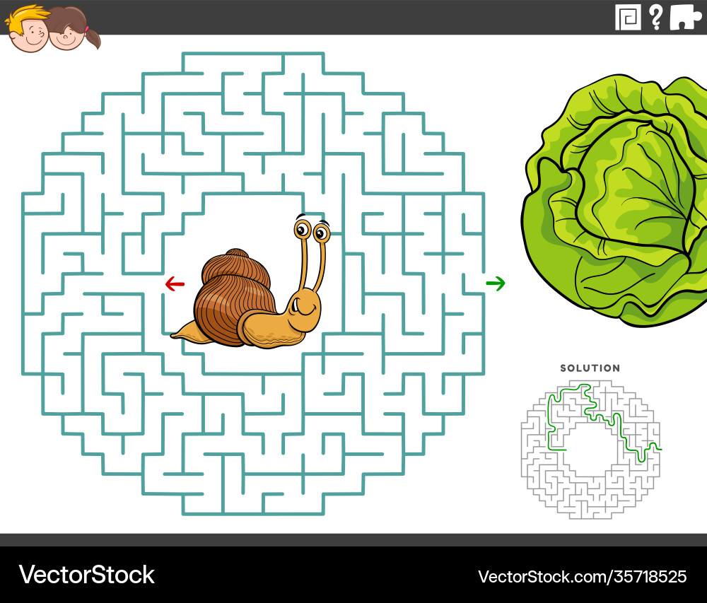 Maze educational game with funny snail and lettuce