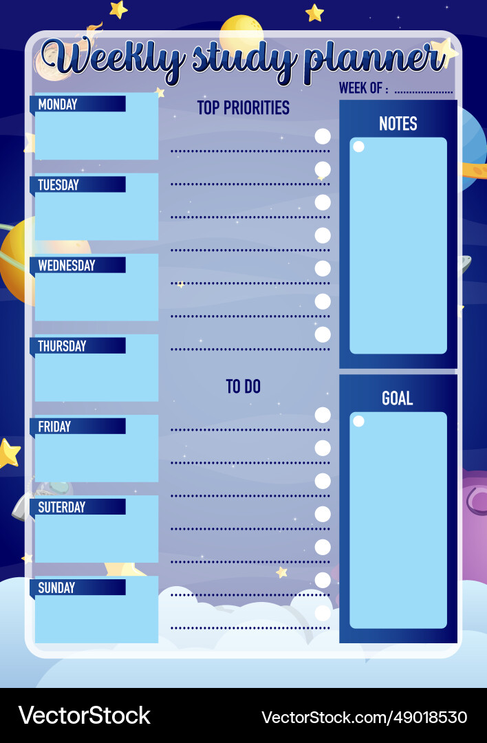 Outer space weekly lesson plan Royalty Free Vector Image