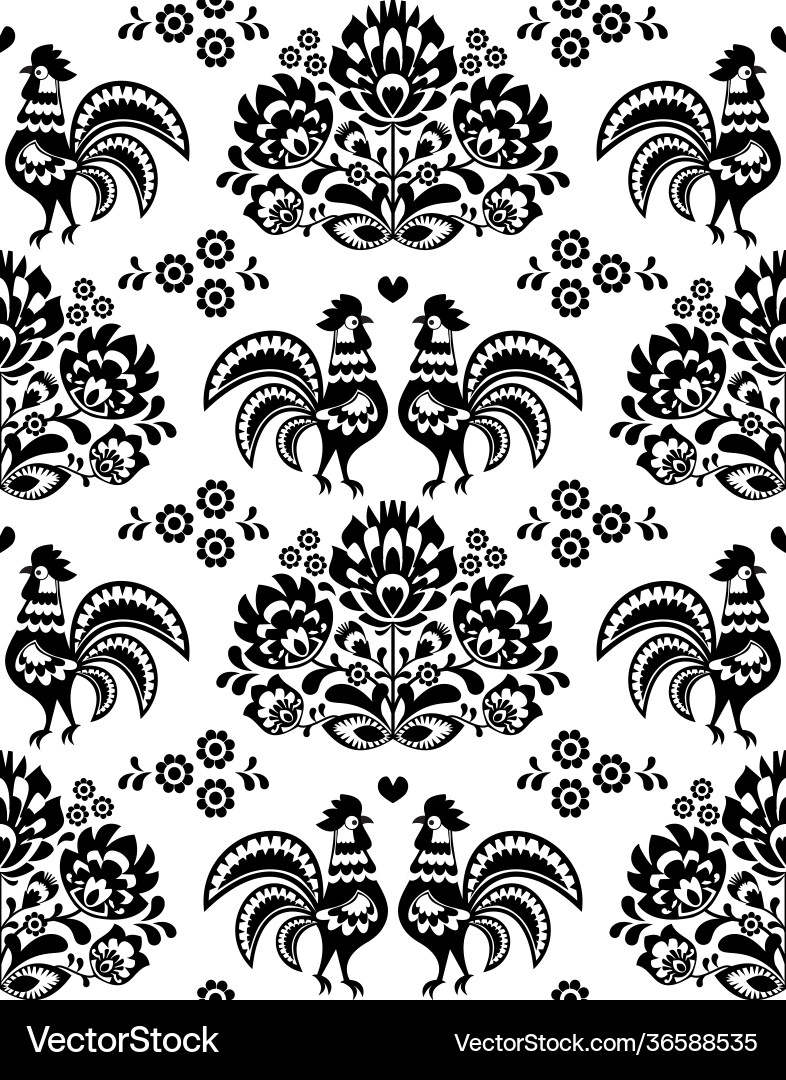 Seamless polish folk art pattern with roosters Vector Image