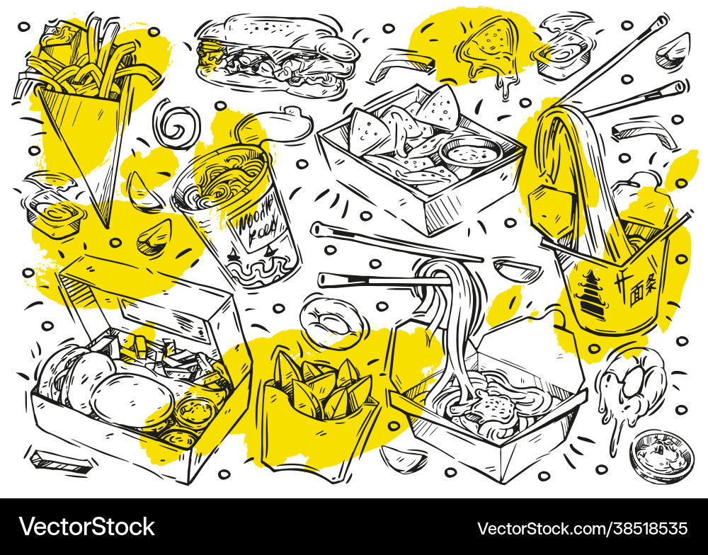Set hand drawn food in boxes isolated Royalty Free Vector