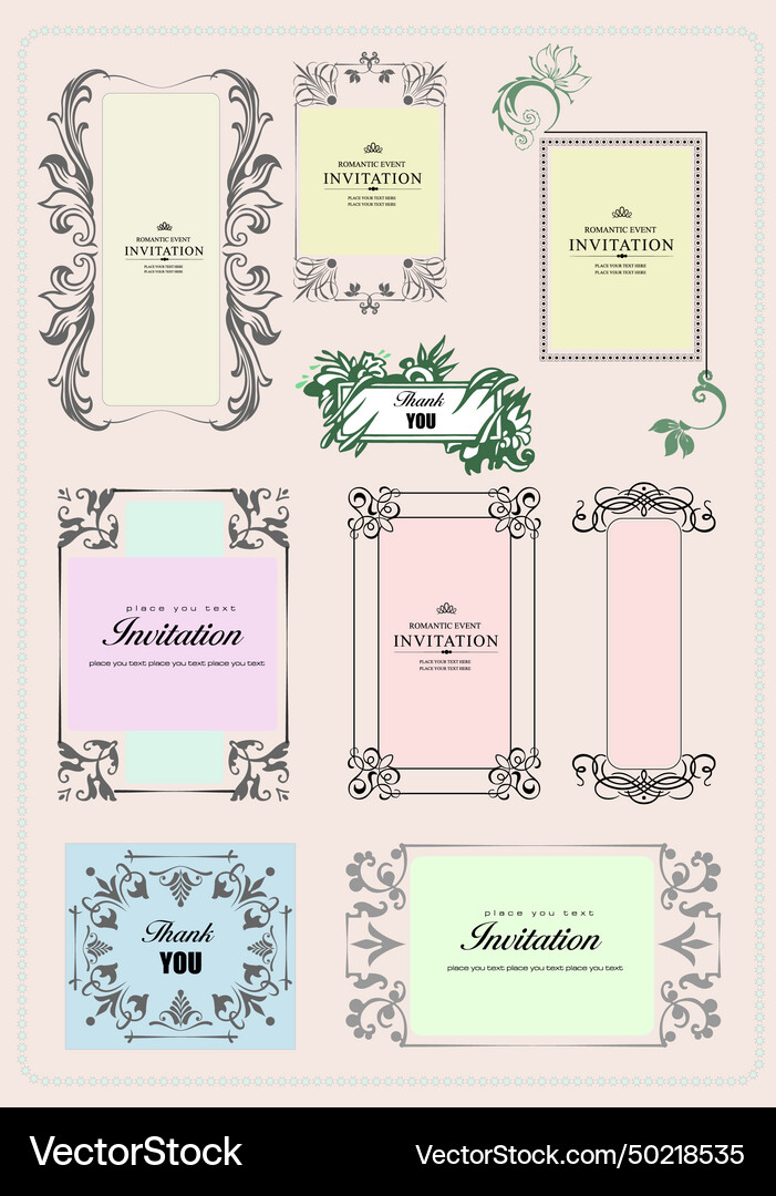 Set of ornate frames and ornaments with sample Vector Image
