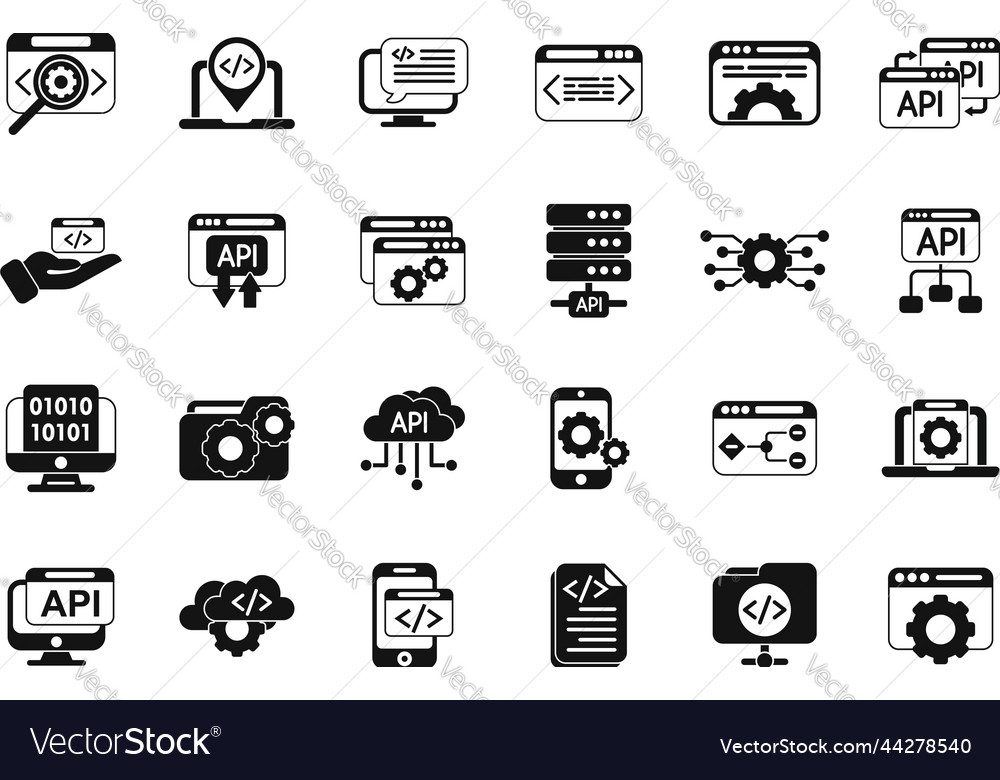 Api icons set simple code develop Royalty Free Vector Image