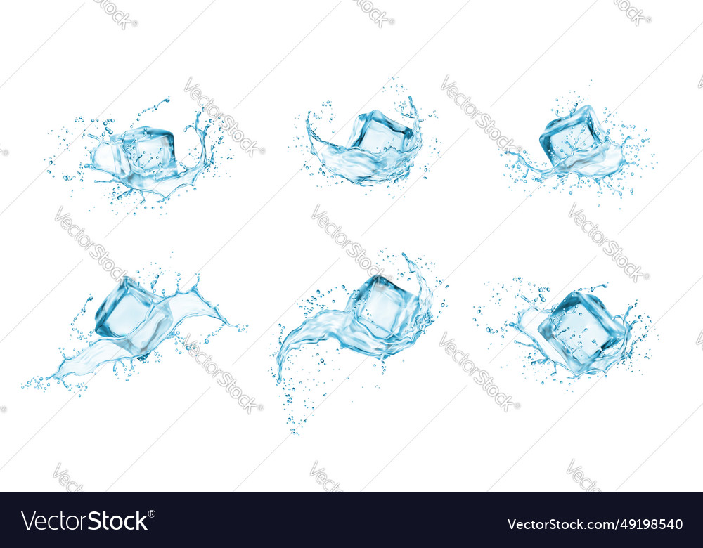 Ice cubes with water splashes swirls and drops Vector Image