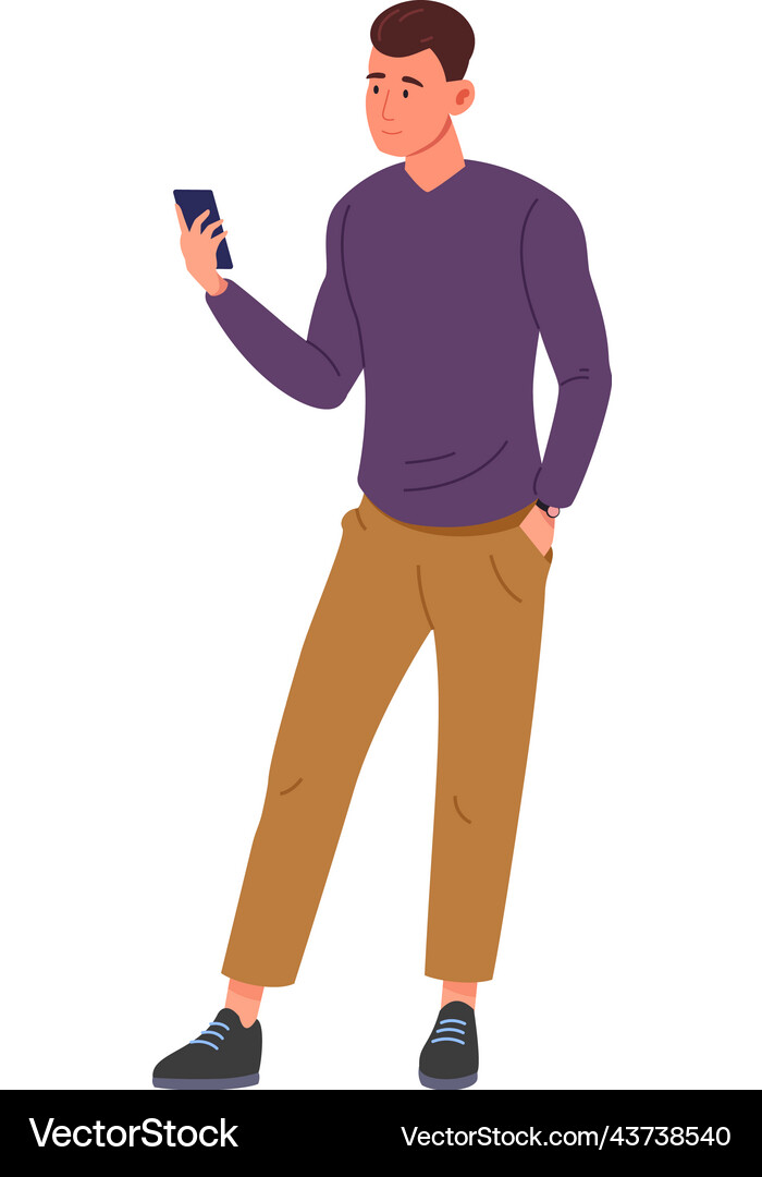 Standing man looking on phone screen social media Vector Image