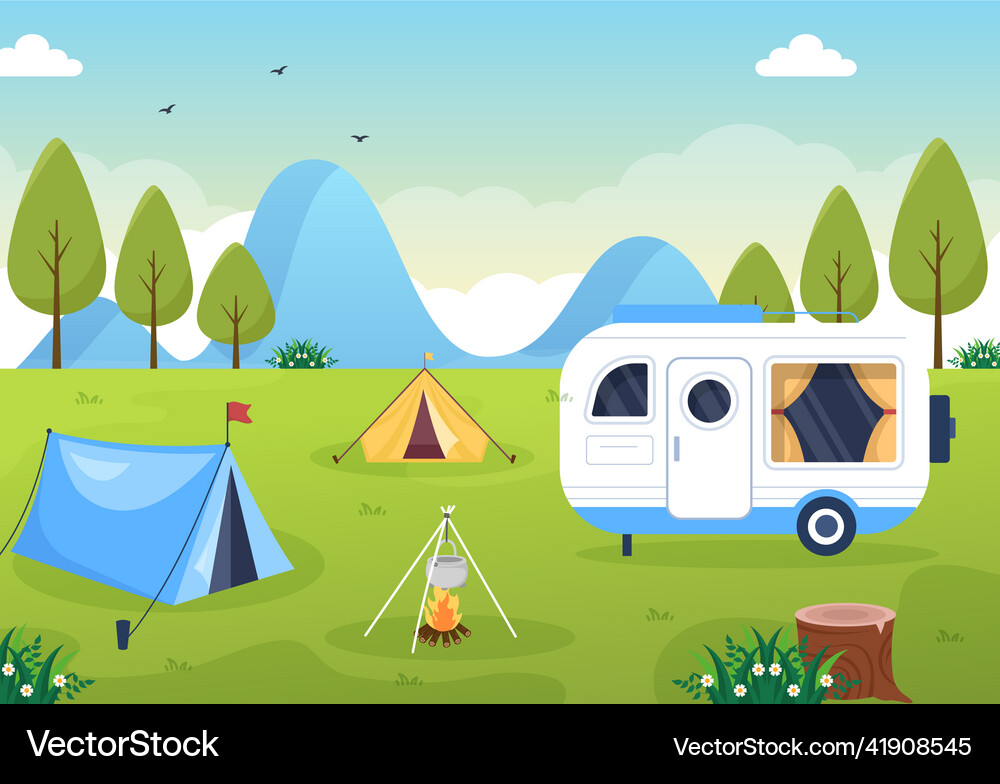 Camping car background with tent camper car Vector Image