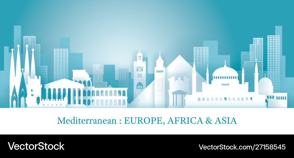 Mediterranean skyline landmarks in paper cutting Vector Image