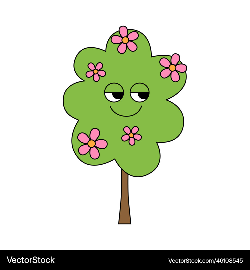 Retro 70s groovy smiling blooming tree character Vector Image