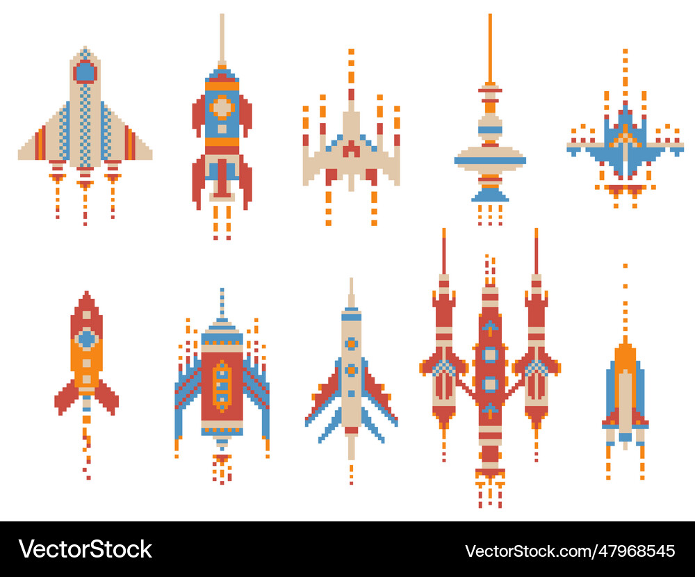 Retro space flying rockets and ships pixelart set Vector Image